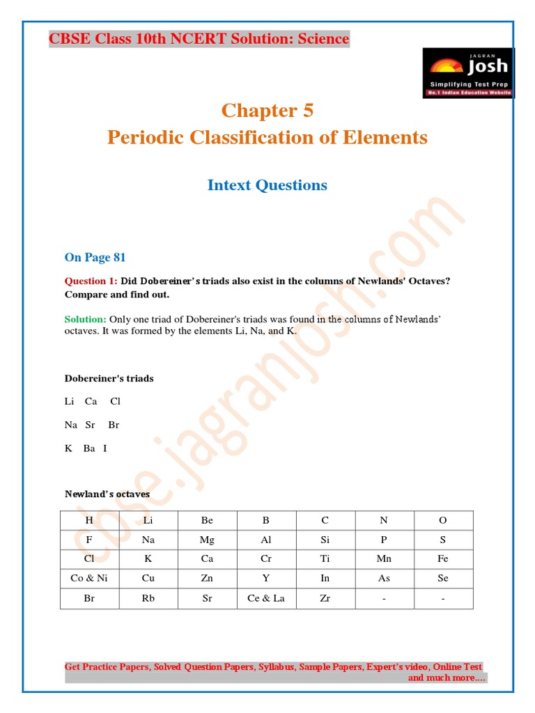 CBSE Periodic Classification of Elements CBSE Class 10 NCERT Solution ...