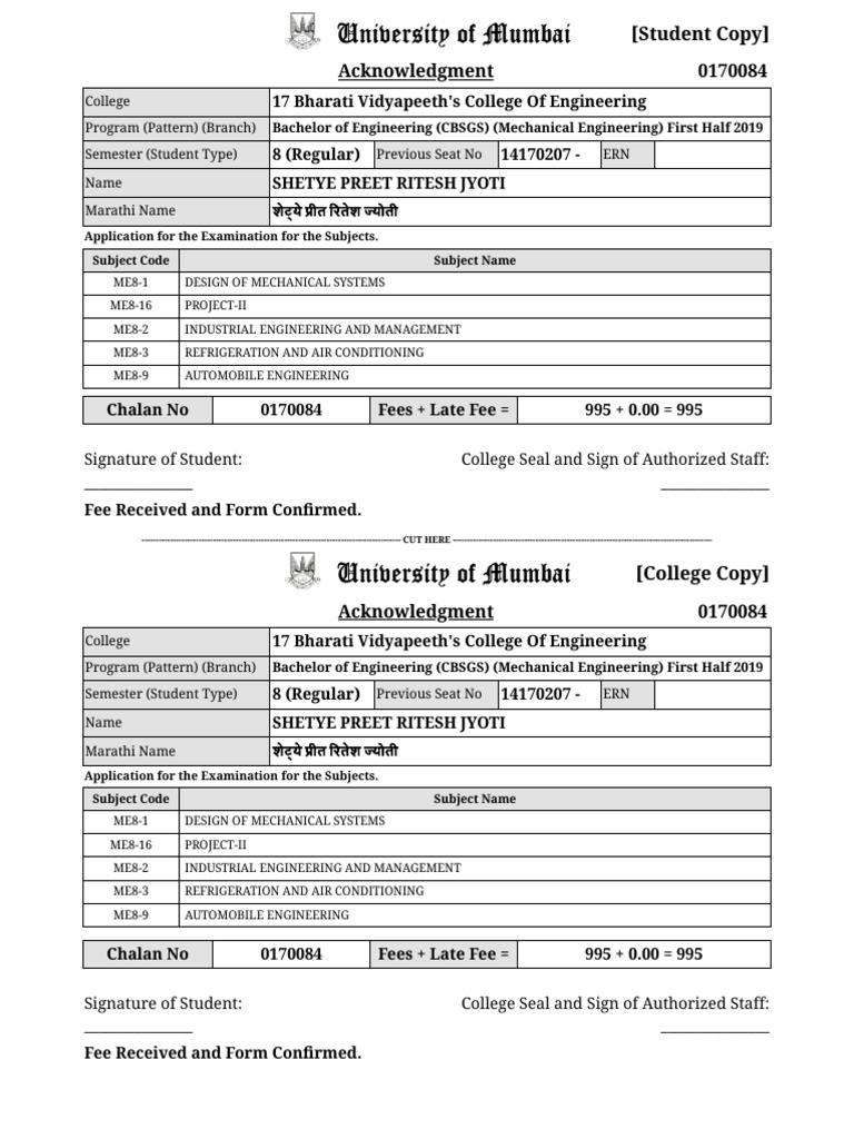 Signature of Student: - College Seal and Sign of Authorized Staff | PDF ...