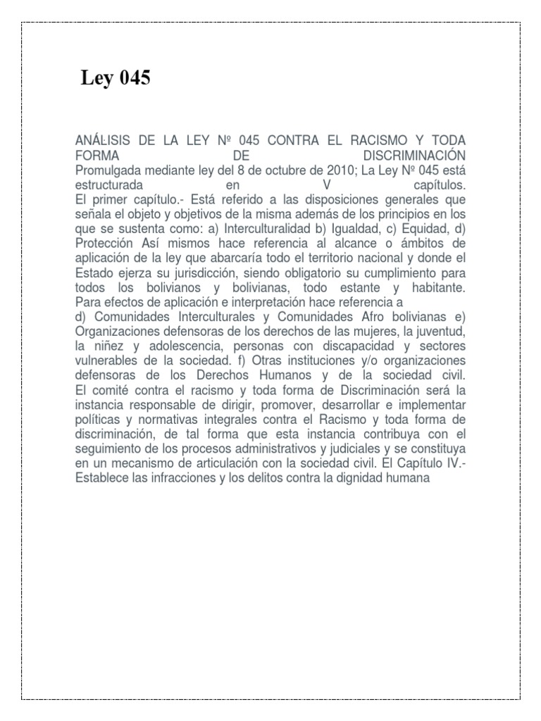 Ley 045 | PDF | Discriminación | Movimiento feminista