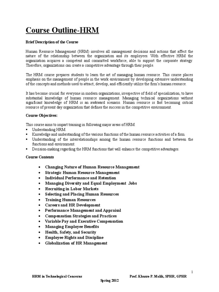 HRM Course Outline | PDF | Human Resource Management | Human Resources