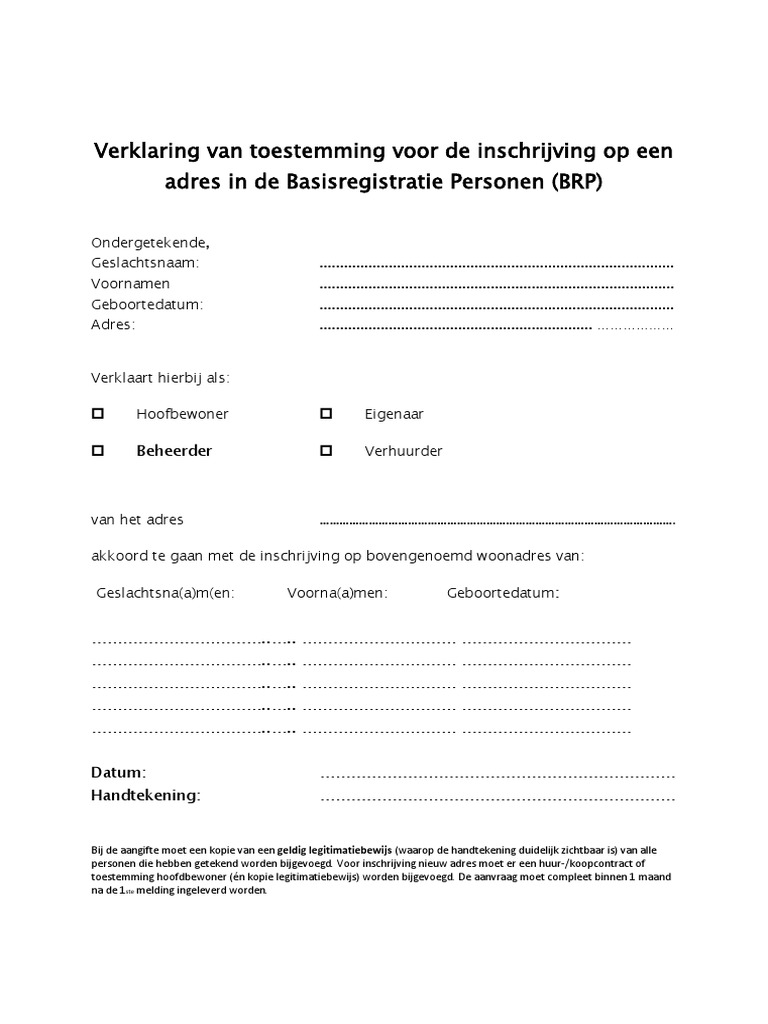 Toestemmingsformulier Hoofdbewoner | PDF