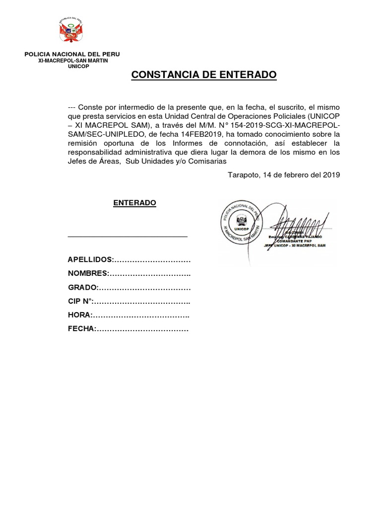 Constancia de enterado PNP