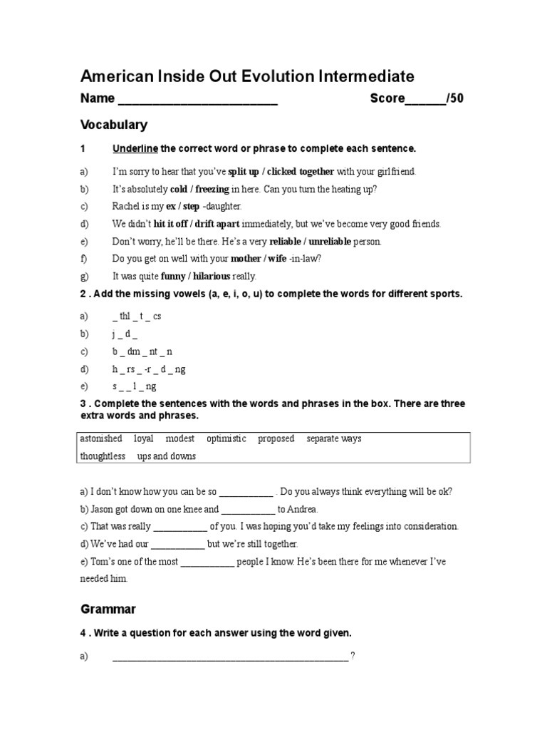 American Inside Out Evolution Intermediate: Name - Score - /50 Vocabulary | PDF | Language ...