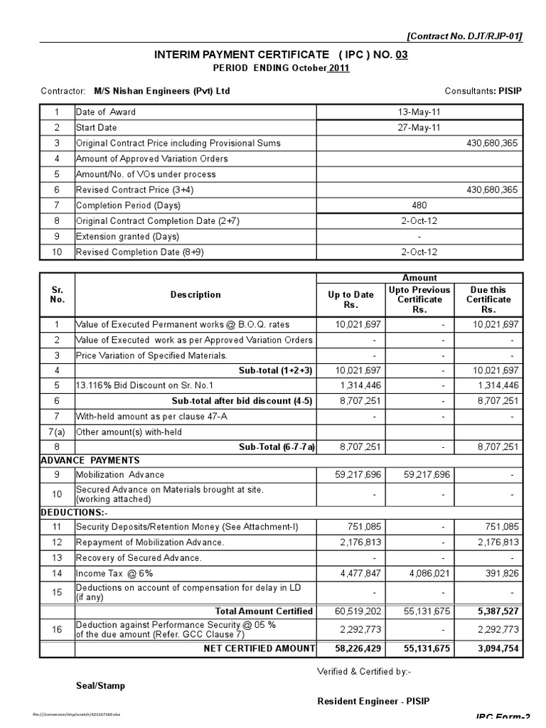 Interim Payment Certificate (Ipc) No. 03: (Contract No. DJT/RJP-01 ...