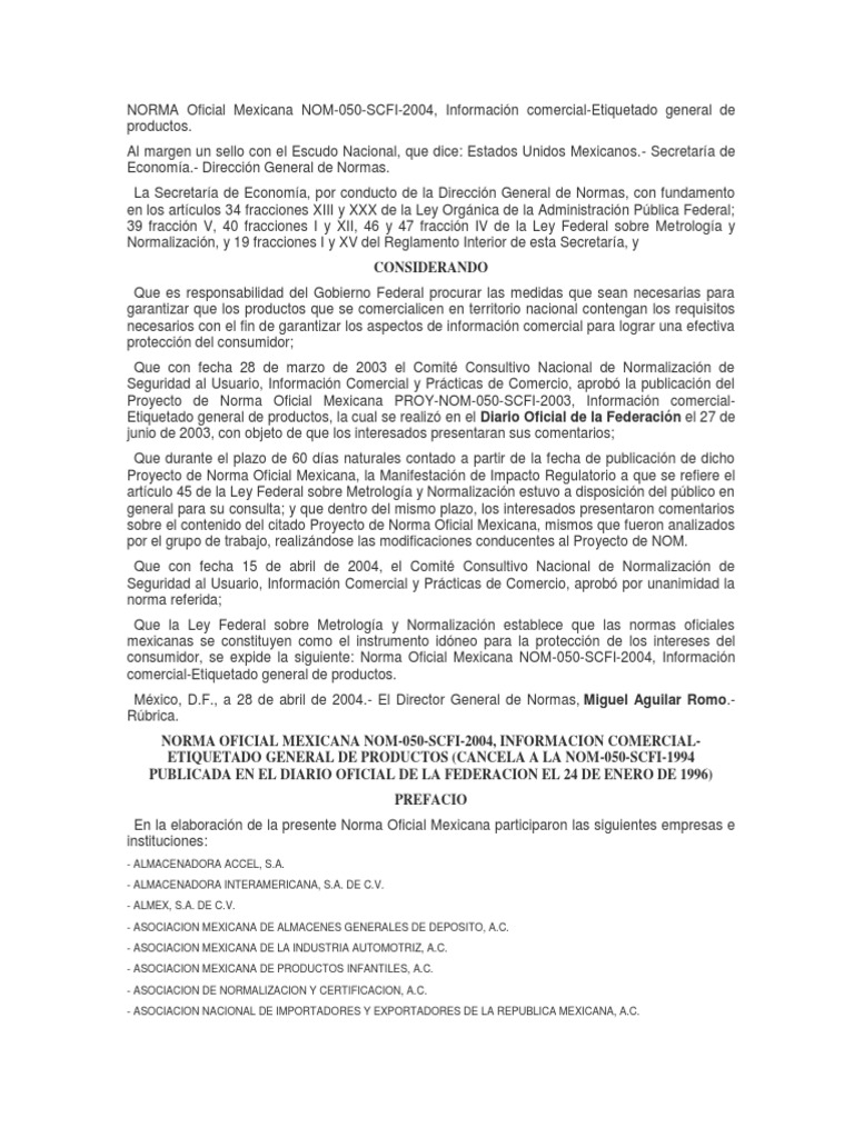 NORMA Oficial Mexicana NOM 050 SCFI 2004, Información Comercial ...