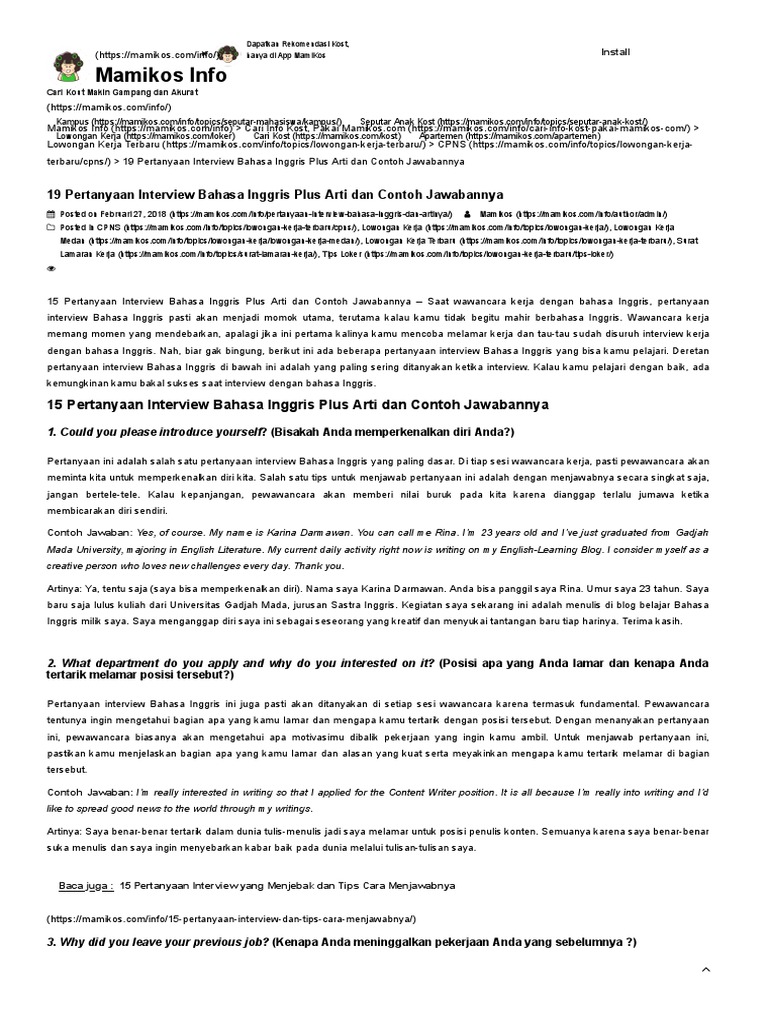 19 Pertanyaan Interview Bahasa Inggris | PDF