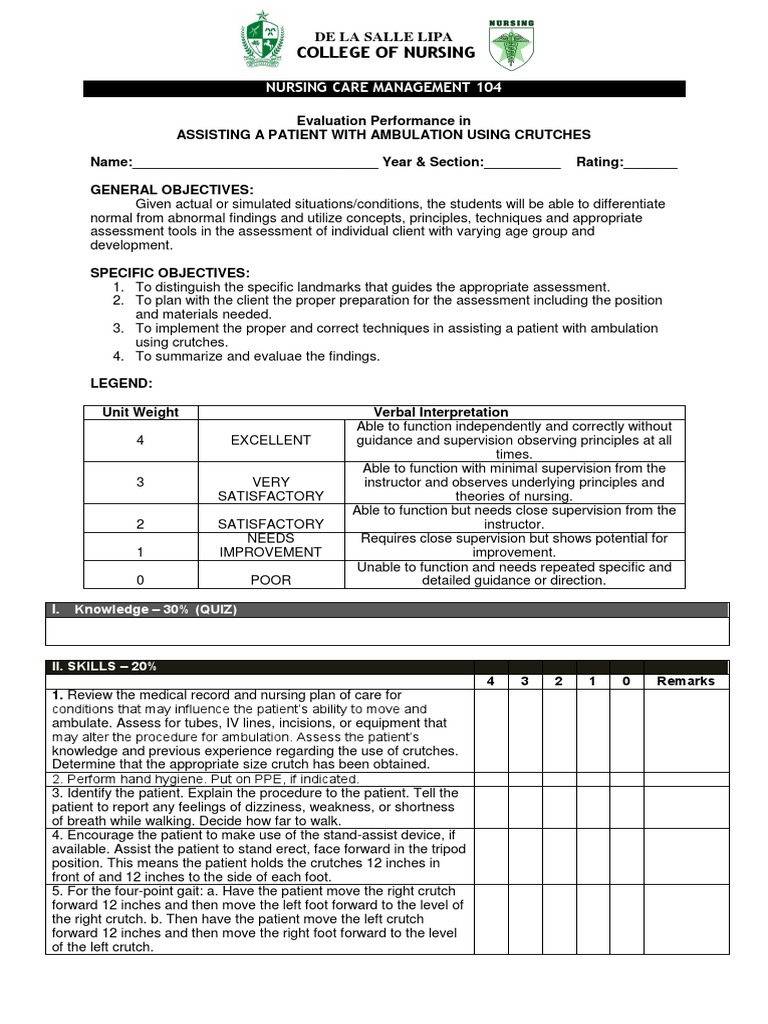 Crutch Walking Skills Evaluation Guide | PDF | Nursing | Evaluation