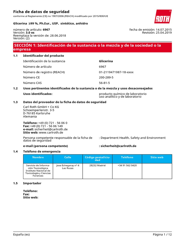 Ficha de Seguridad de Glicerina 99% | PDF | Toxicidad | Unión Europea