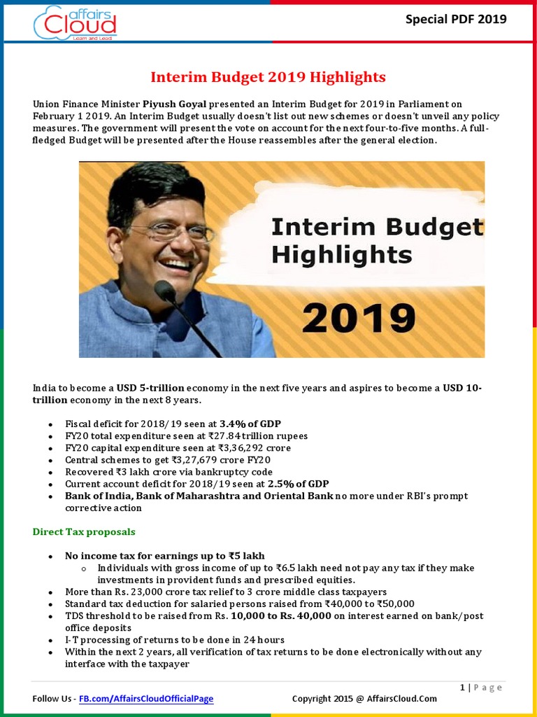 Interim Budget 2019 Highlights | PDF | Government Of India | Taxes