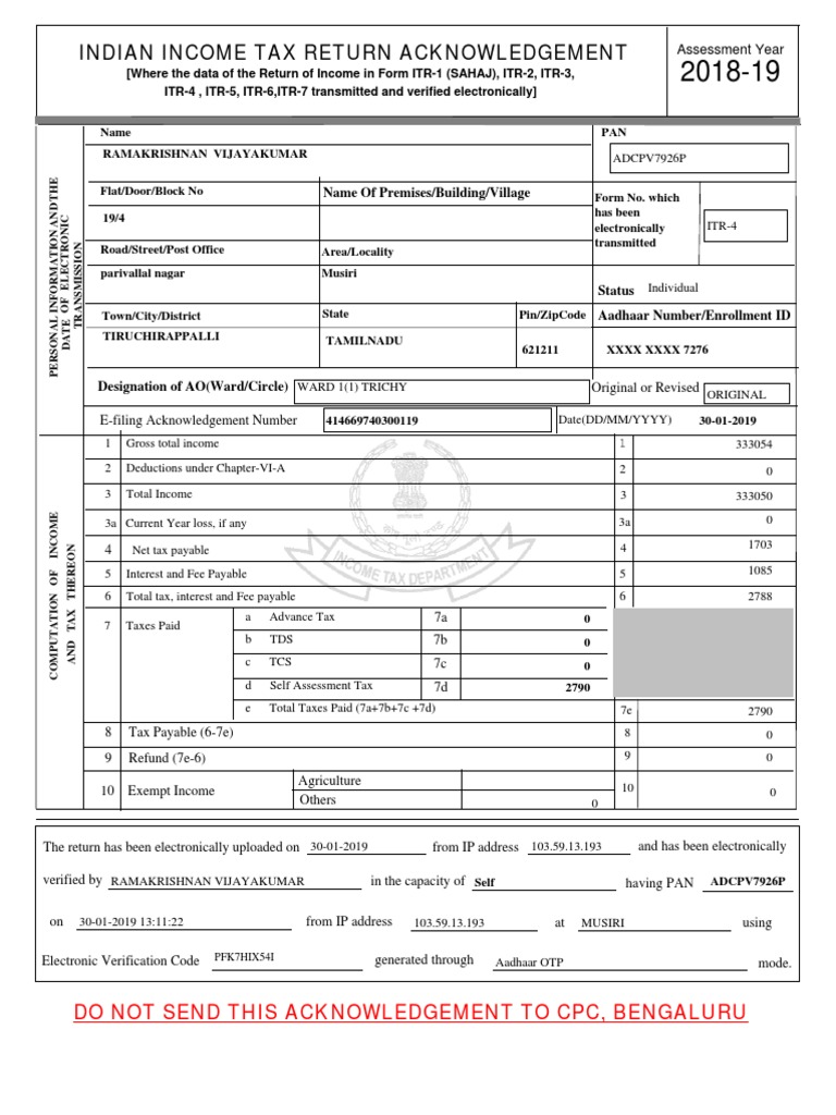 Indian Income Tax Return Acknowledgement: Name of Premises/Building ...