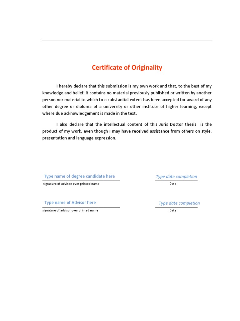 Certificate of Originality for Thesis | PDF