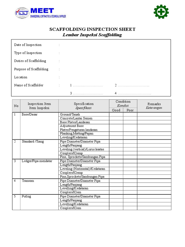 029 - Scaffolding Inspection Checklist | PDF | Scaffolding | Equipment