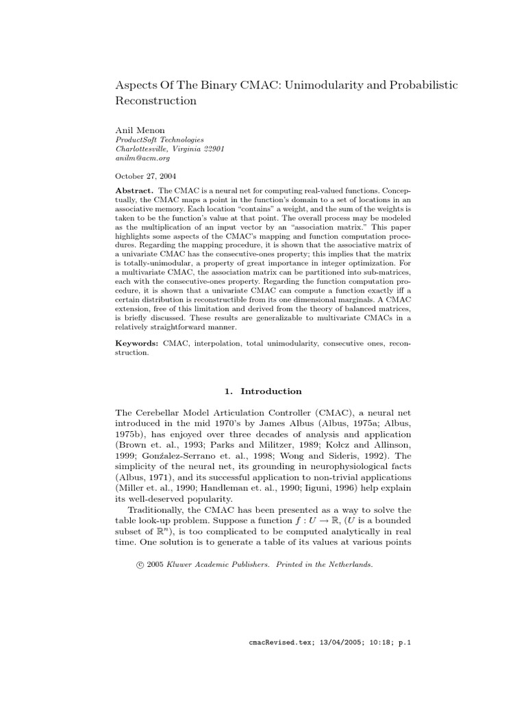 Aspects Of The Binary CMAC: Unimodularity and Probabilistic ...