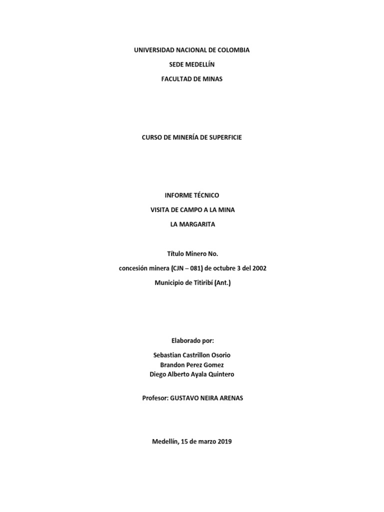 Informe Mina La Margarita | Descargar gratis PDF | Minería | Roca ... Informe Mina La Margarita | Descargar gratis PDF | Minería | Roca ...