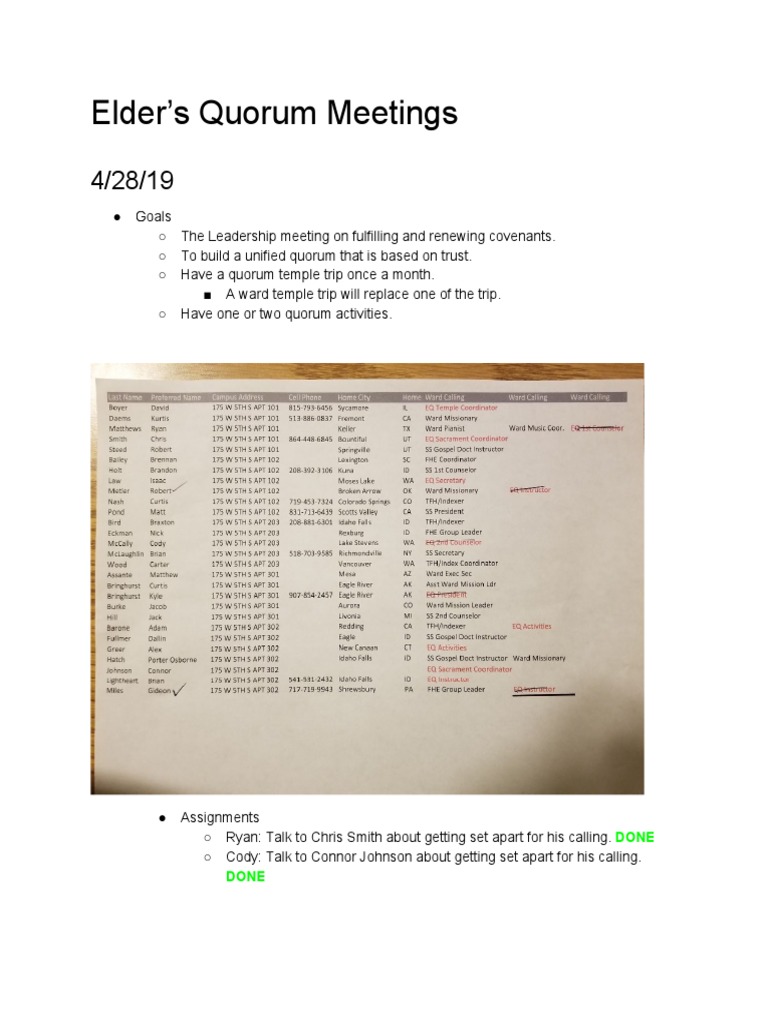 Elder's Quorum Meetings | PDF