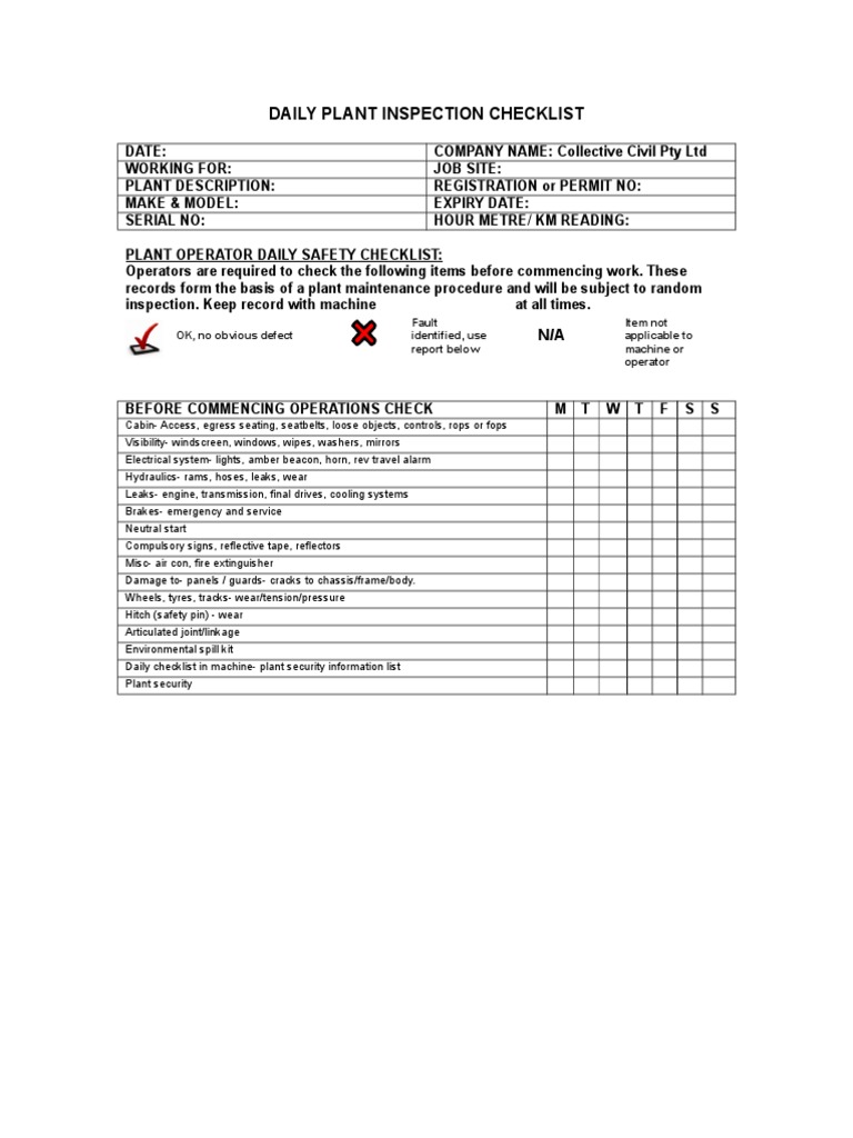 Daily Plant Inspection Checklist | PDF | Machines | Automotive Industry