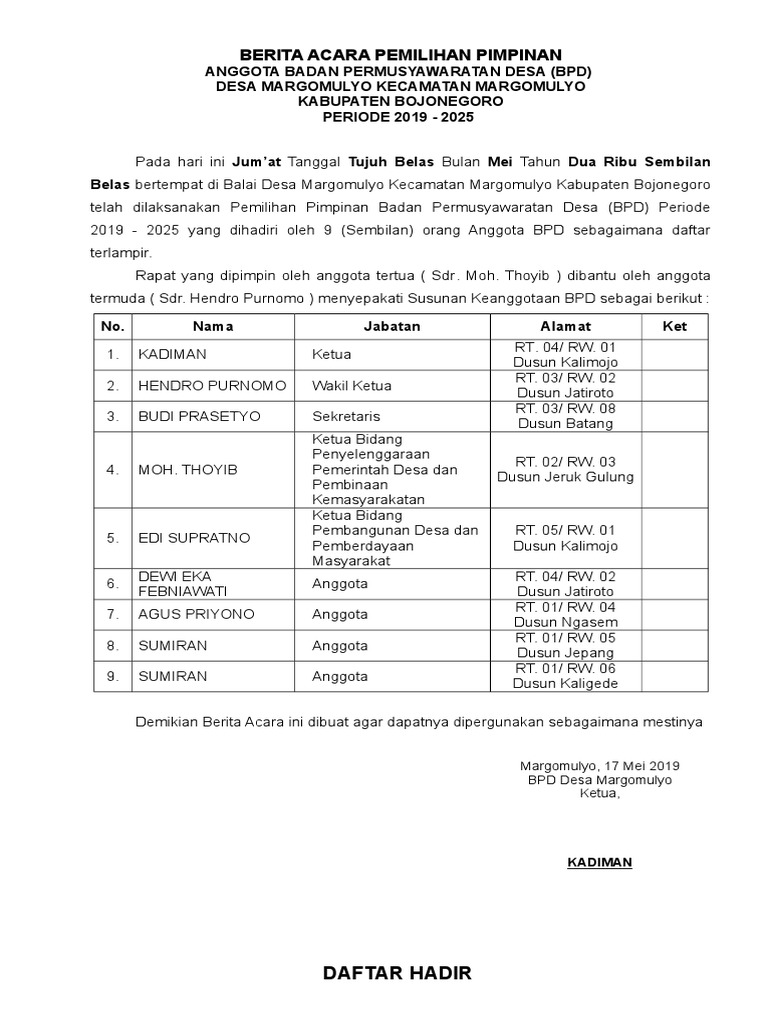 Contoh BA Struktur Organisasi BPD Desa Margomulyo | PDF