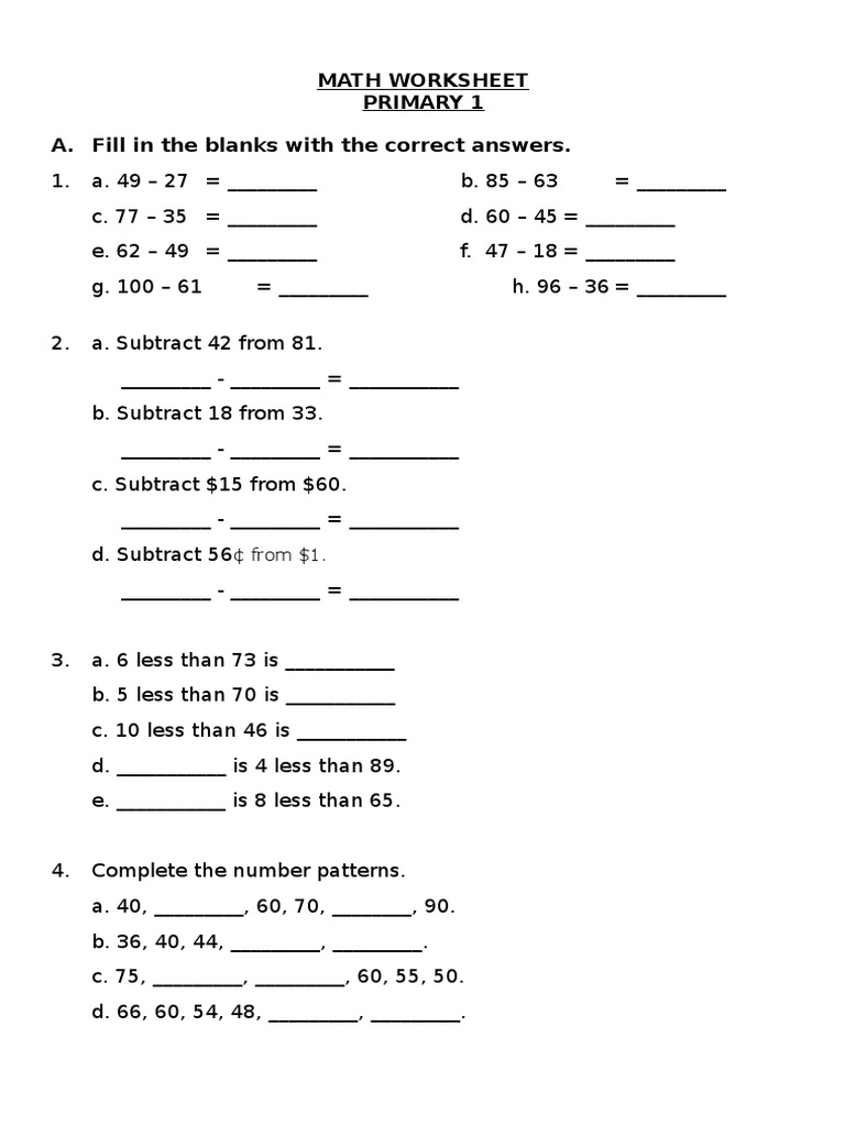 Math Worksheet Primary 1 A. Fill in The Blanks With The Correct Answers ...