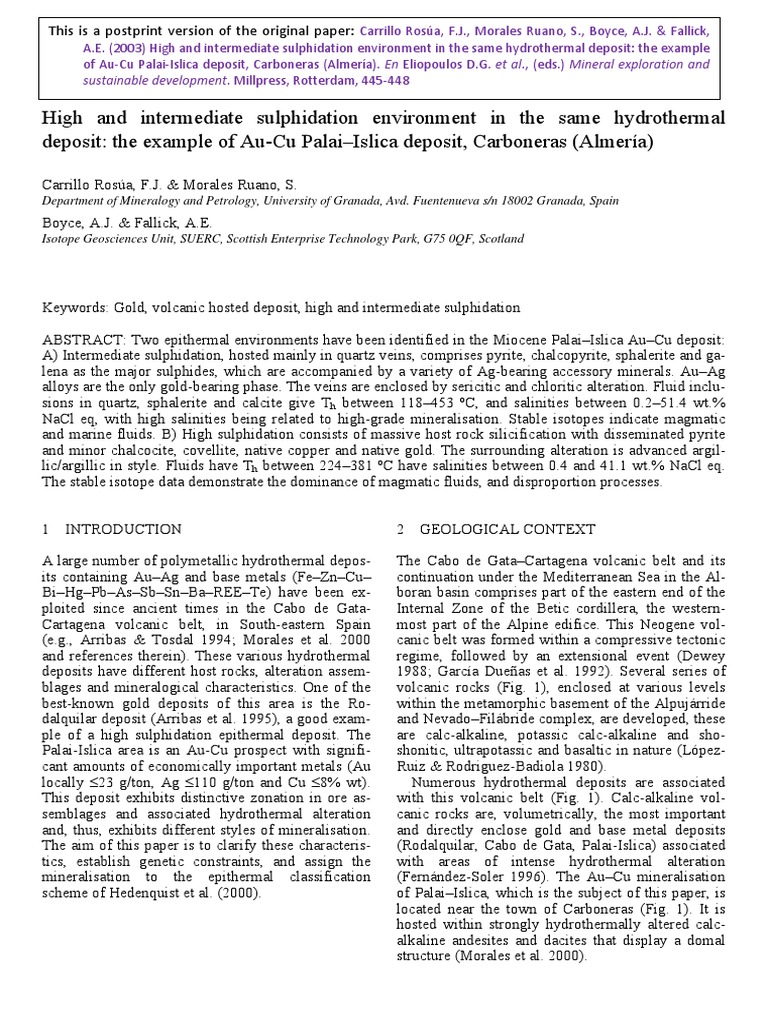 Carrillo Et Al 2003 Postprint High and Intermediate Sulphidation | PDF ...