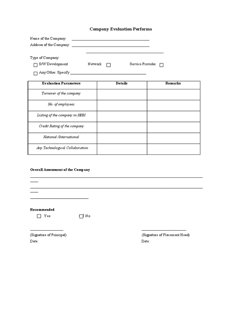 Company Evaluation Performa | PDF