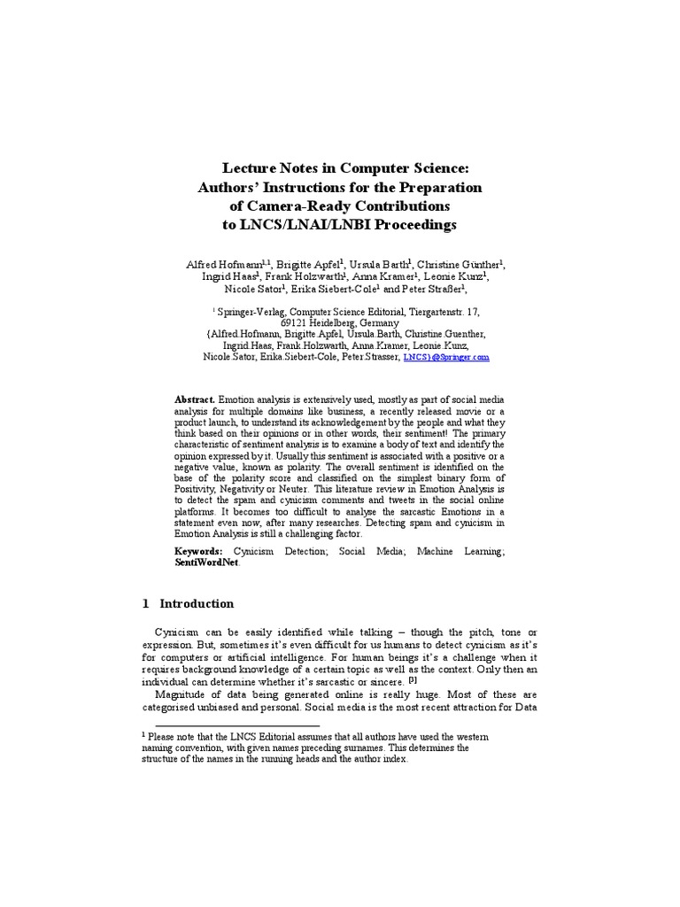 Lecture Notes in Computer Science: Authors' Instructions For The ...