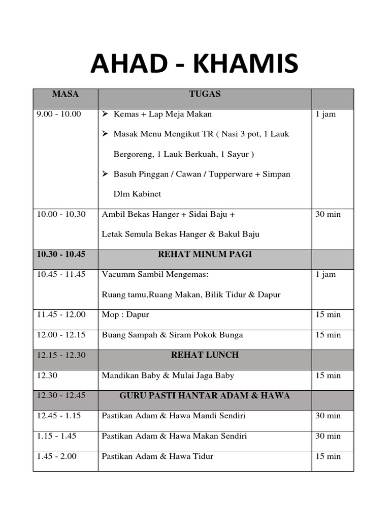 Jadual Kerja Pembantu Rumah Tangga | PDF
