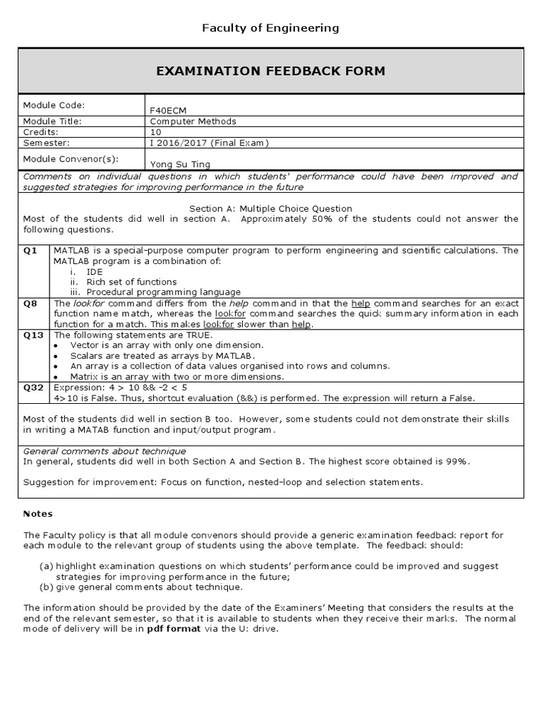Exam Feedback Form 2016-2017 | PDF | Matrix (Mathematics) | Matlab