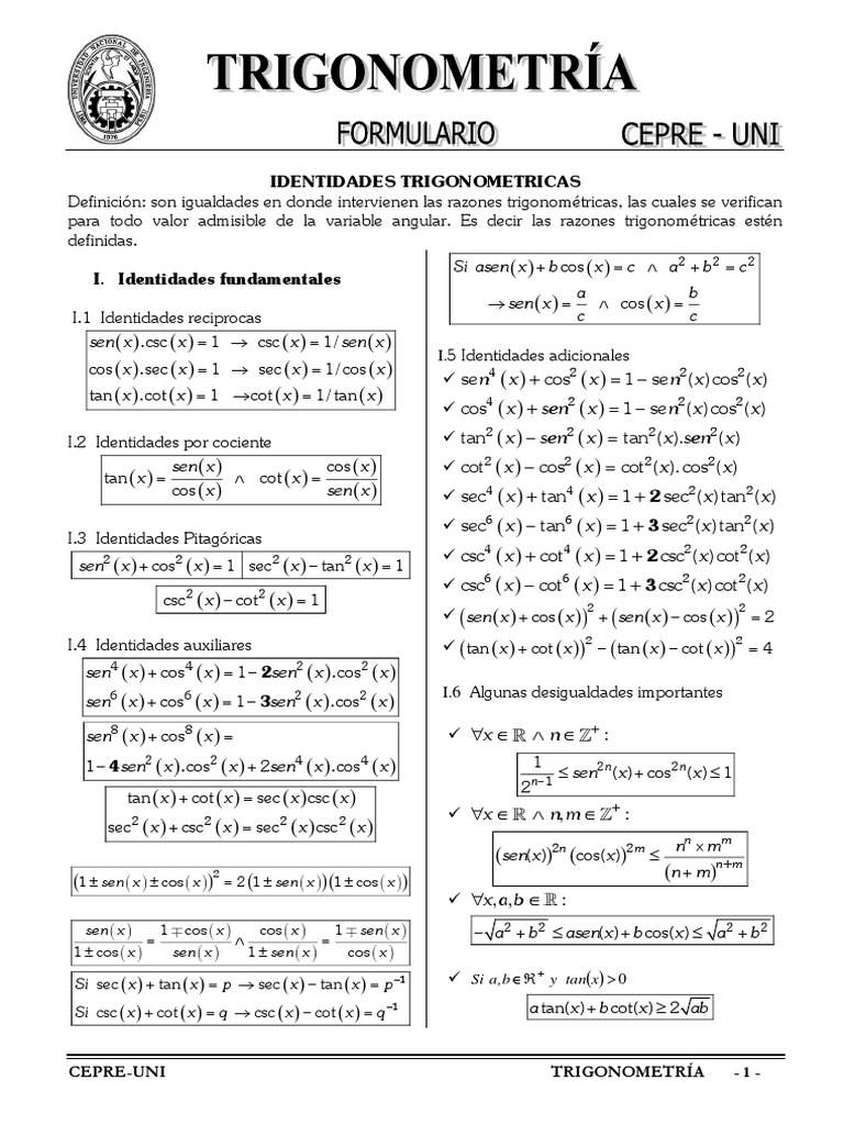 Identidades Trigonométricas (Formulario CepreUni) | PDF | Trigonometría ...