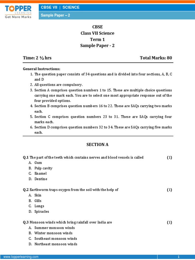 CBSE Class VII Science Sample Paper | PDF | Taste | Pupa