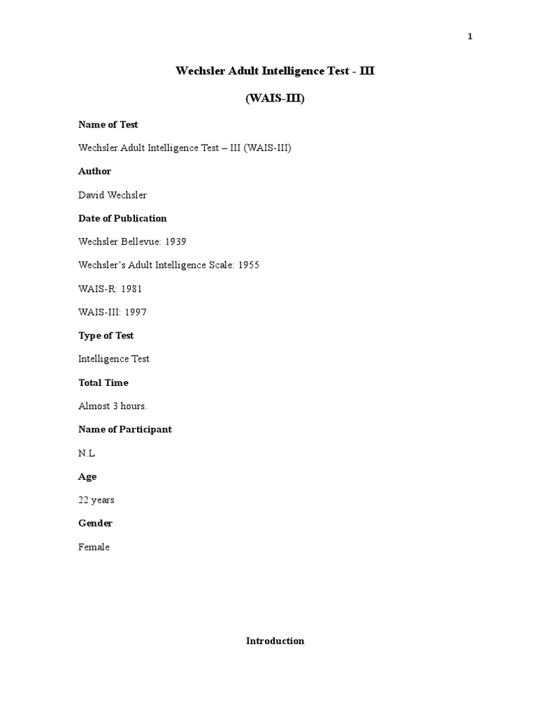 WAIS | PDF | Wechsler Adult Intelligence Scale | Intelligence