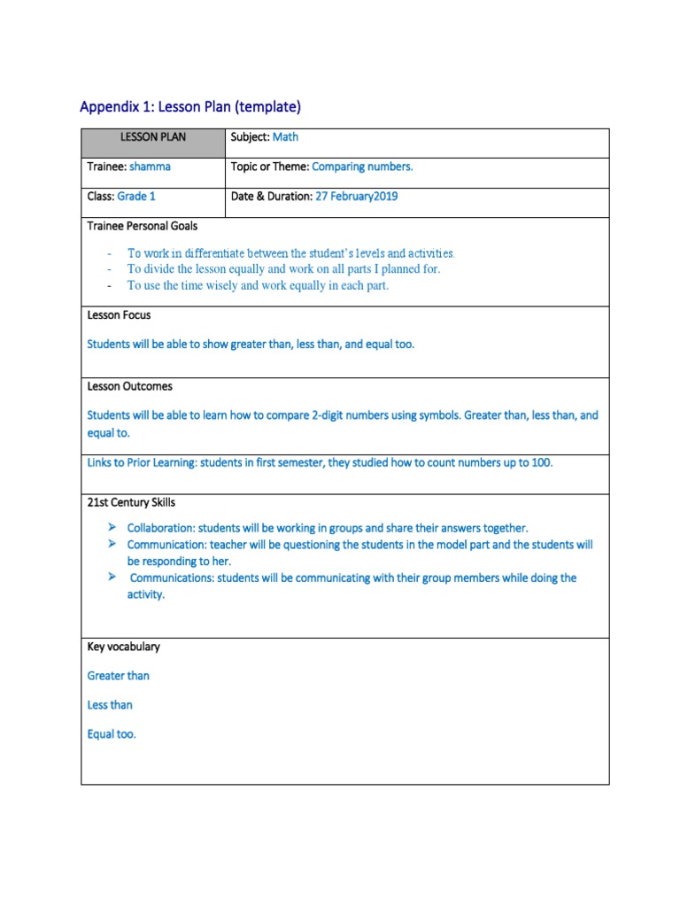 Lesson Plan Greater Than Less Than Lesson Plan 5 | PDF | Lesson Plan ...