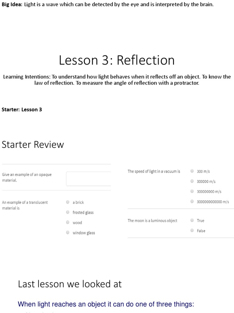 Lesson 3 Reflection | PDF | Reflection (Physics) | Mirror