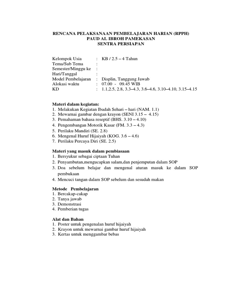 RPPH Sentra Persiapan PKP Siklus 1-2 | PDF | Karier & Perkembangan