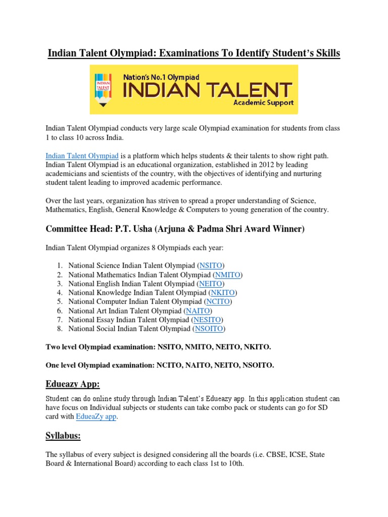 Indian Talent Olympiad: Examinations To Identify Student's Skills | PDF ...