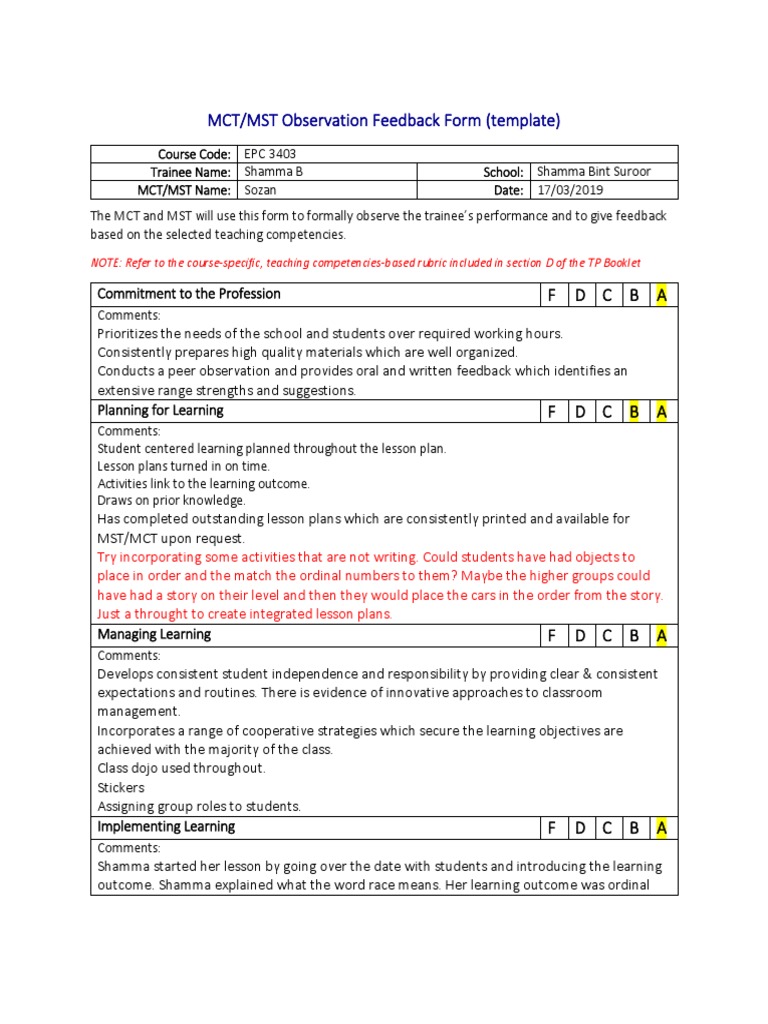 MCT/MST Observation Feedback Form (Template) : F D C B A | Download ...