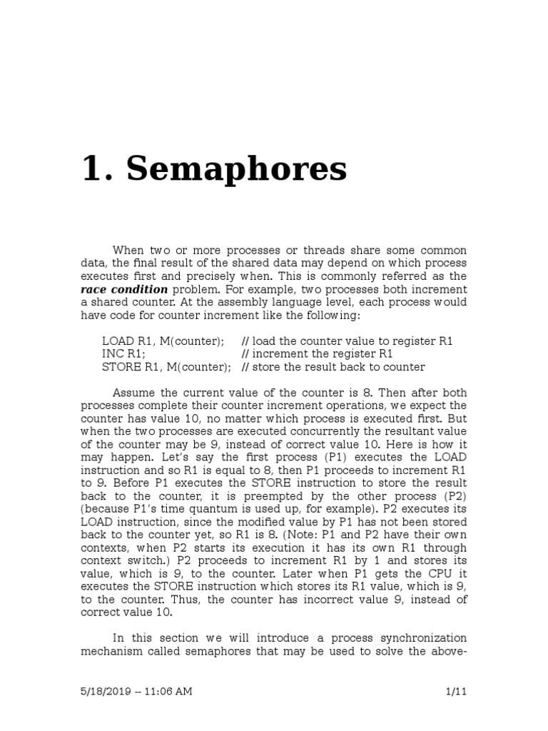 Semaphores: Race Condition Problem. For Example, Two Processes Both Increment | PDF ...