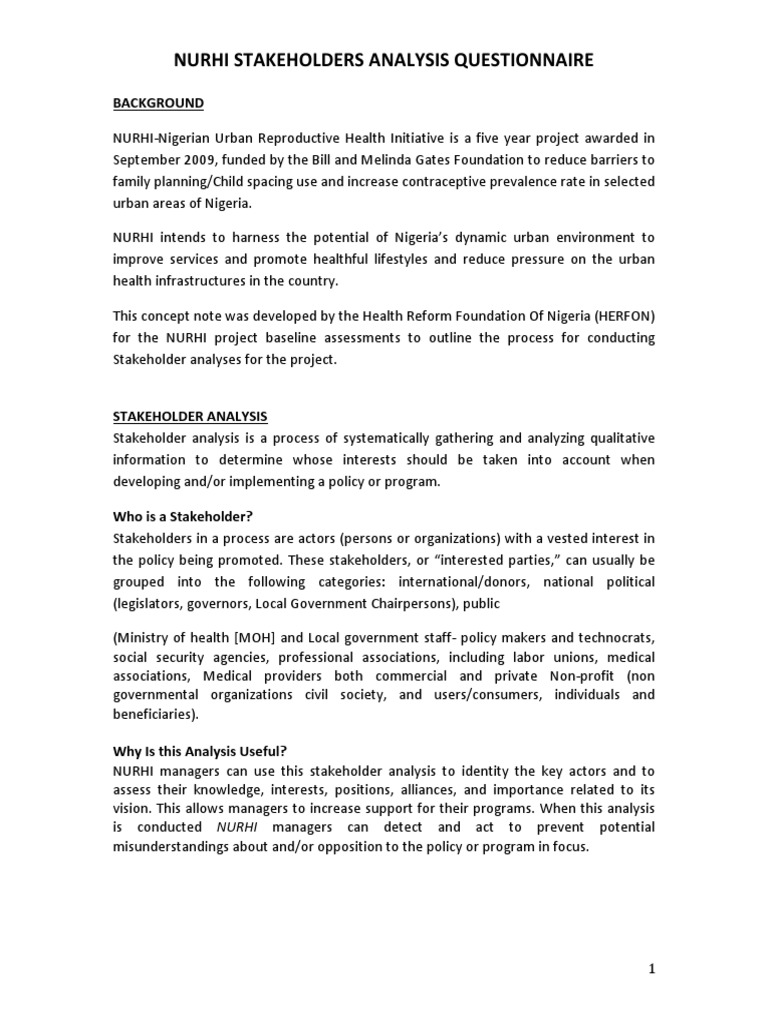Stakeholder Analysis Questionnaire | PDF | Birth Control | Family Planning