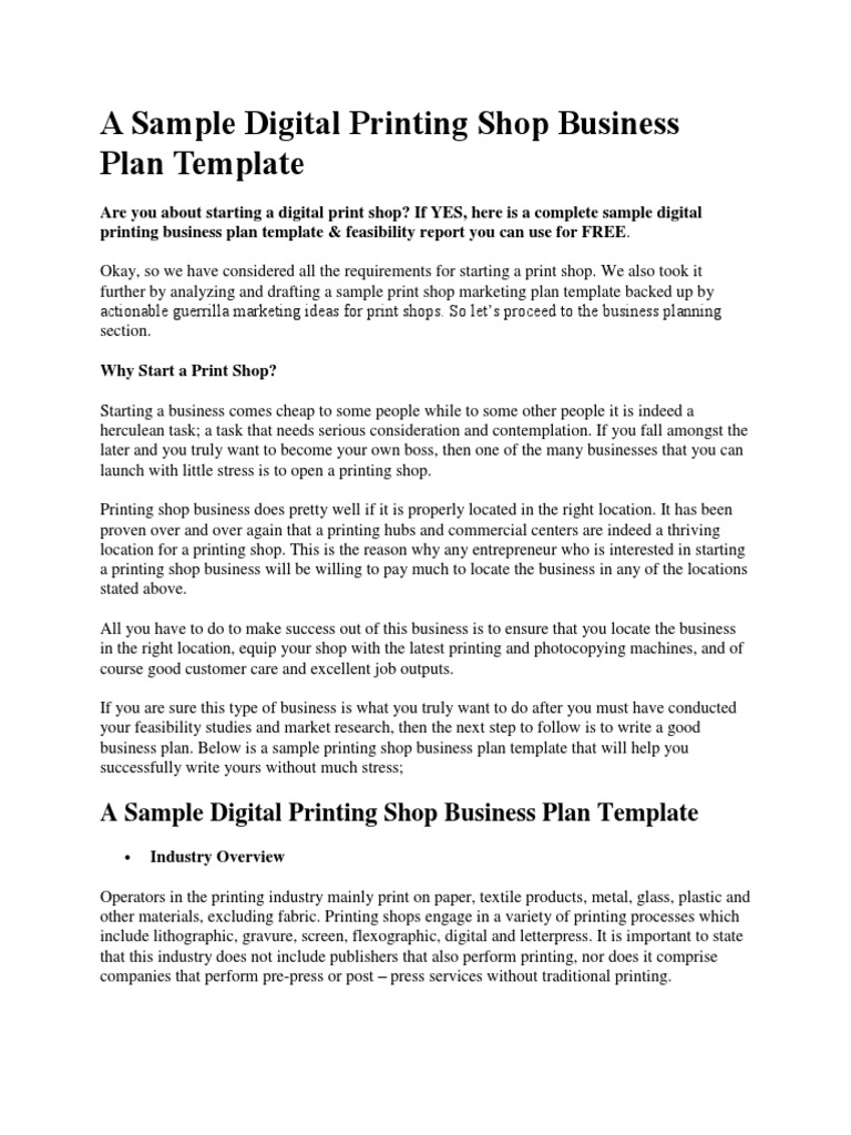 A Sample Digital Printing Shop Business Plan Template | PDF ...