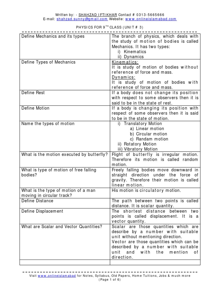 Physics For 9 Class (Unit # 3) | PDF | Acceleration | Velocity