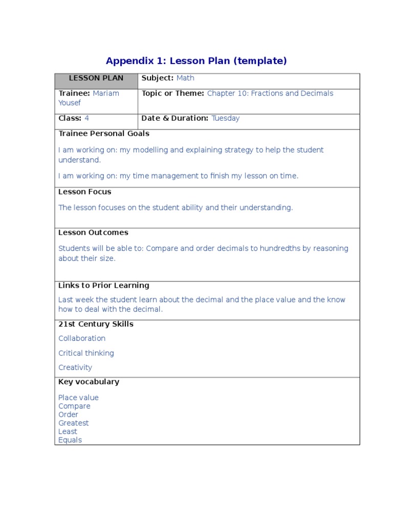 Lesson Plan - Grade 4 - Comparing Decimal | PDF | Lesson Plan | Pedagogy