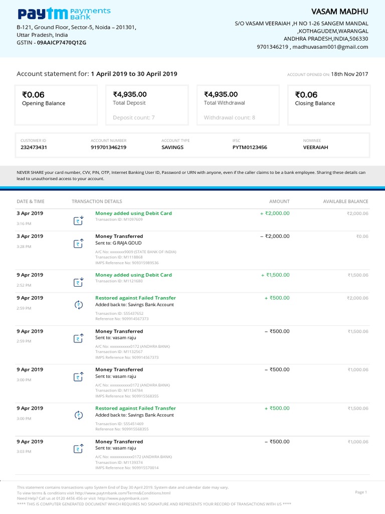 April 2019 Savings Account Statement | PDF | Financial Transaction ...