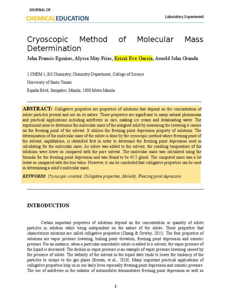 Cryoscopic Method of Molecular Mass Determination: Chemical | PDF ...
