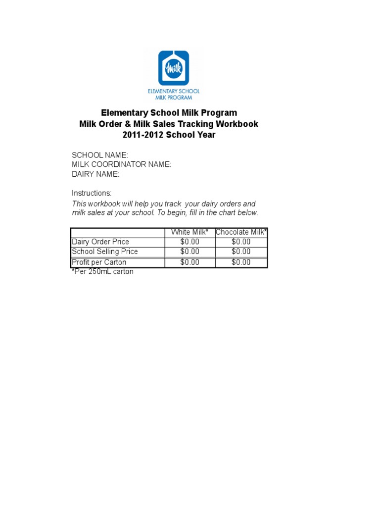 Elementary School Milk Program Milk Order & Milk Sales Tracking ...
