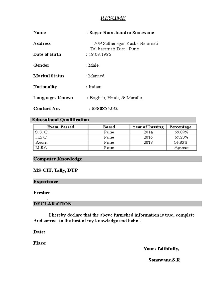 Resume: Tal Baramati Dist: Pune | PDF