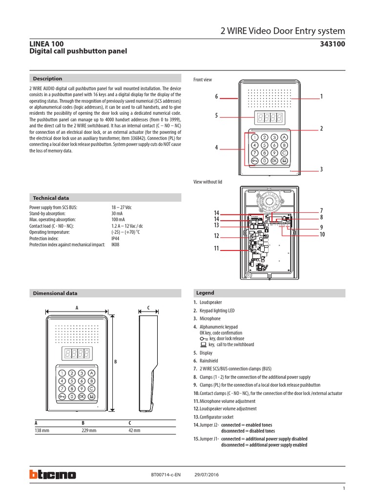 2 WIRE Video Door Entry System: 343100 LINEA 100 Digital Call ...