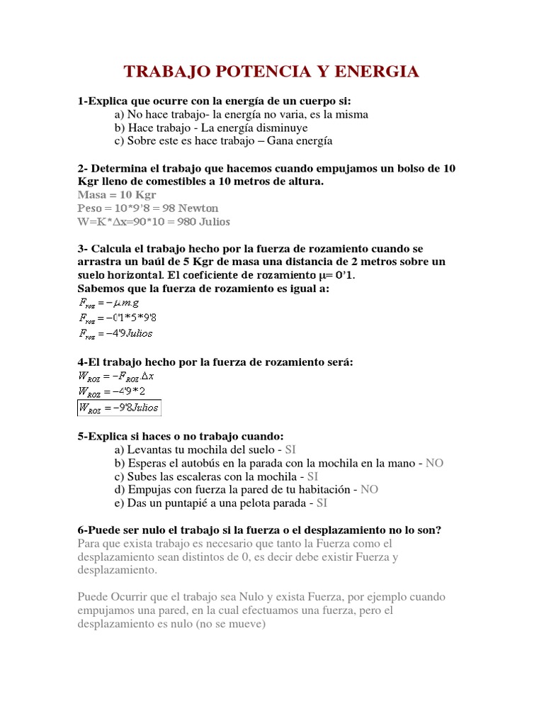 TRABAJO POTENCIA Y ENERGIA Grado 11° Abril 23 2019 | PDF | Masa ...