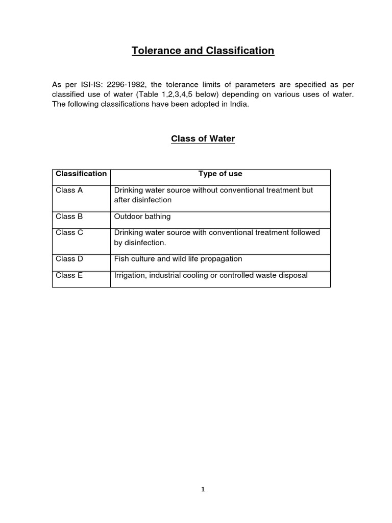 Tolerance and Classification: Class of Water | PDF | Magnesium | Manganese