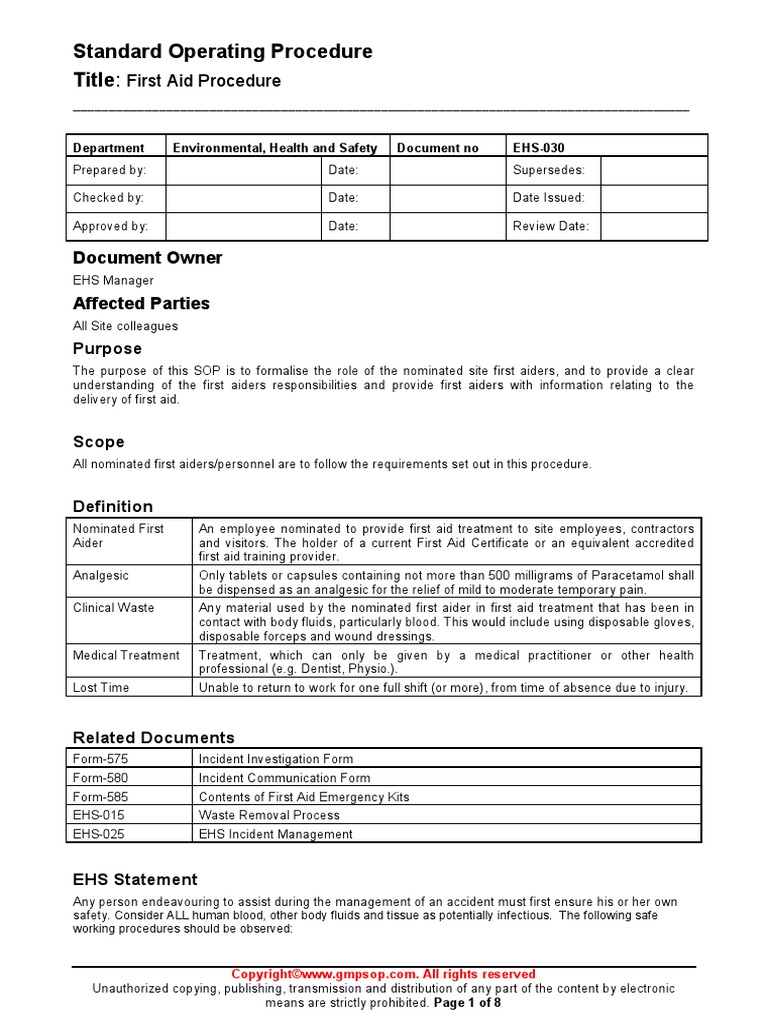 EHS 030 First Aid Procedure Sample | Download Free PDF | First Aid | Burn