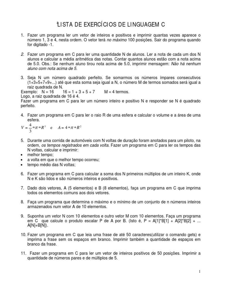 Lista De Exercicios Linguagem C Pdf C Linguagem De Programação