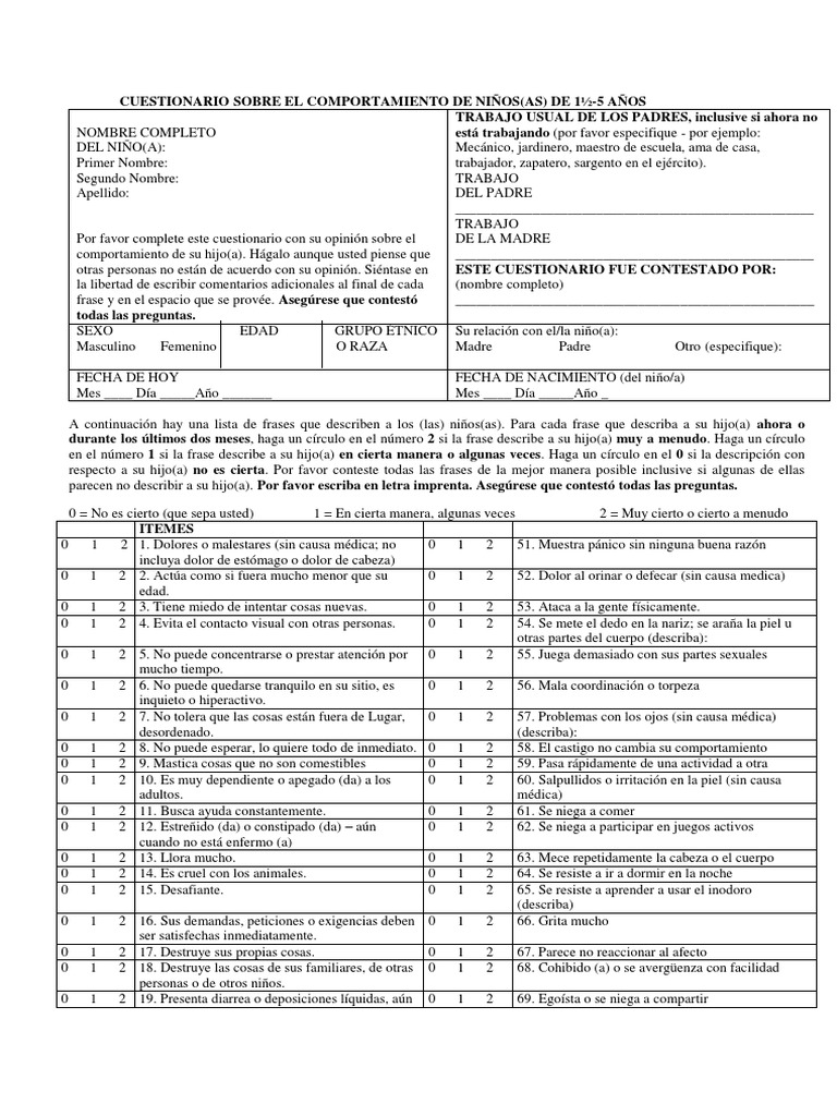 CBCL 1-5 | PDF | Cuestionario | Temor